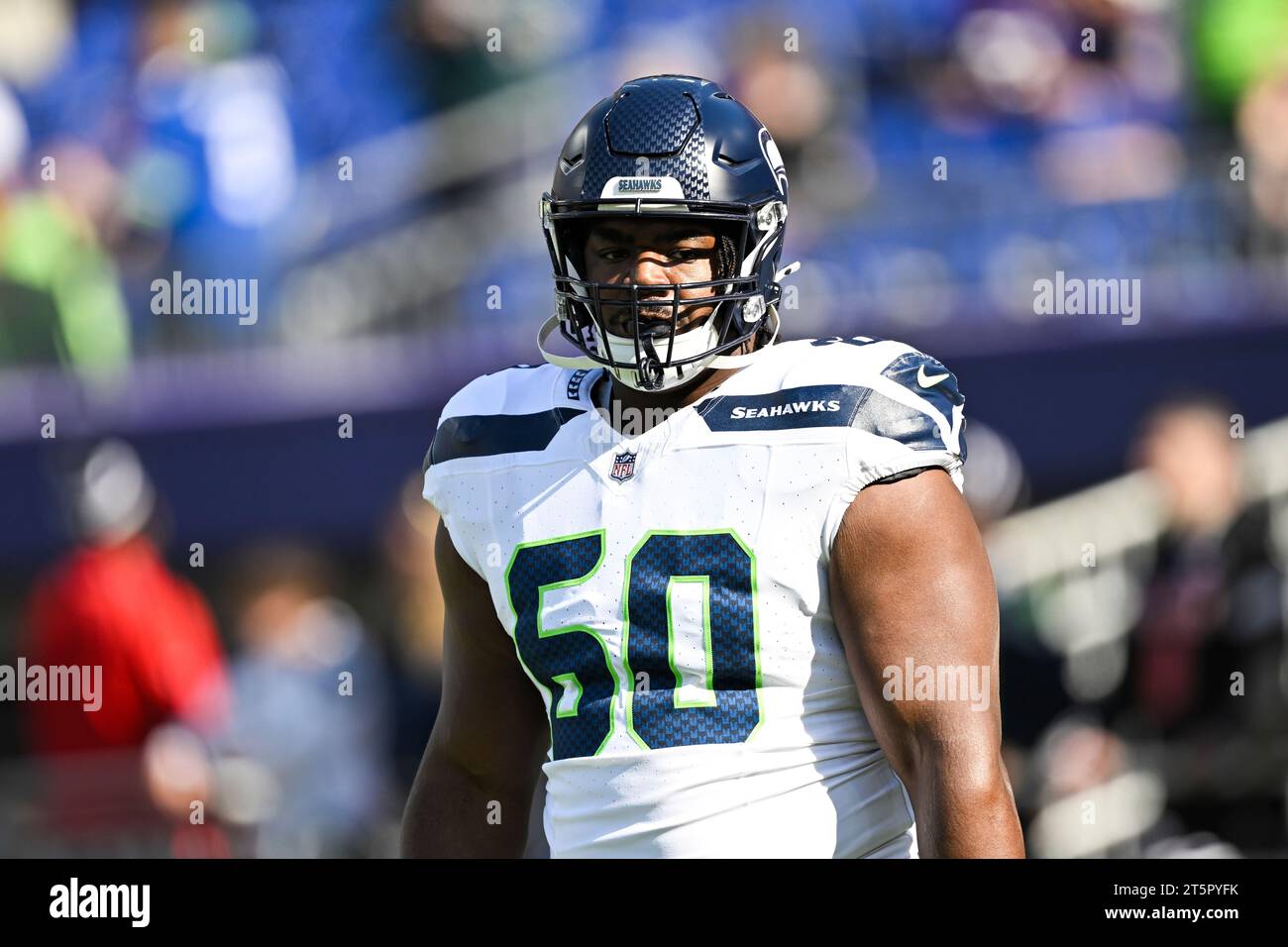 Seattle Seahawks guard Phil Haynes (60) looks on during pre-game warm ...