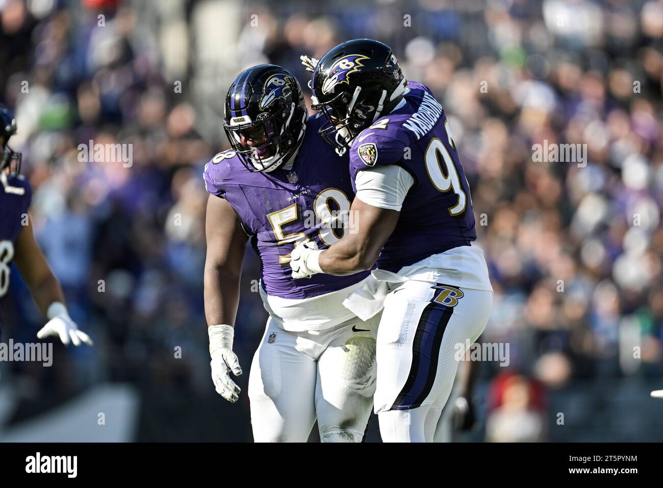Baltimore Ravens defensive tackle Michael Pierce (58) celebrates his ...