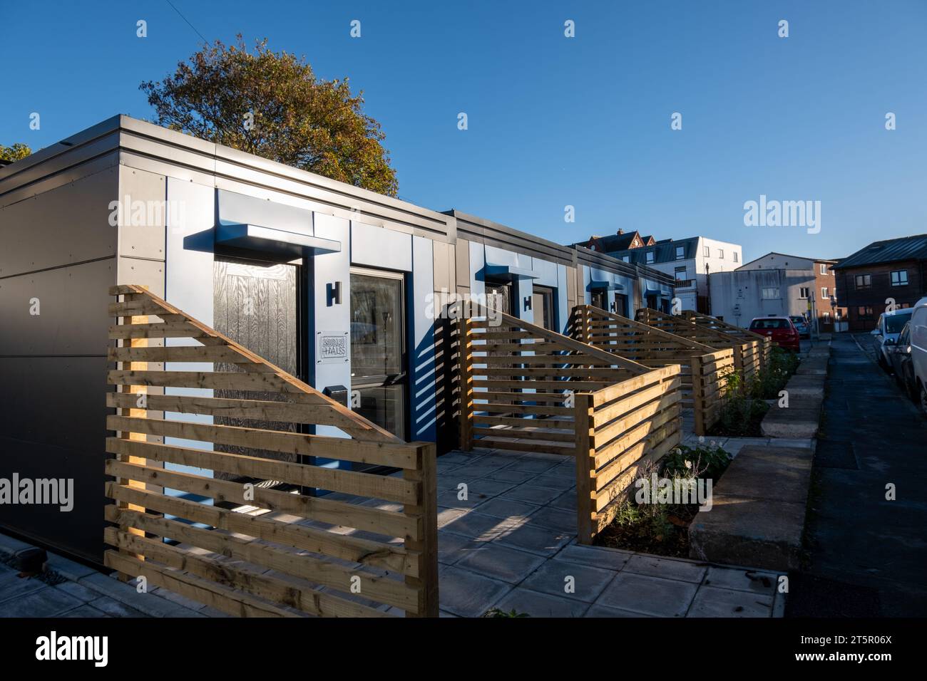 Eight temporary accommodation pods for homeless people, Redfield Bristol, UK Stock Photo - Alamy