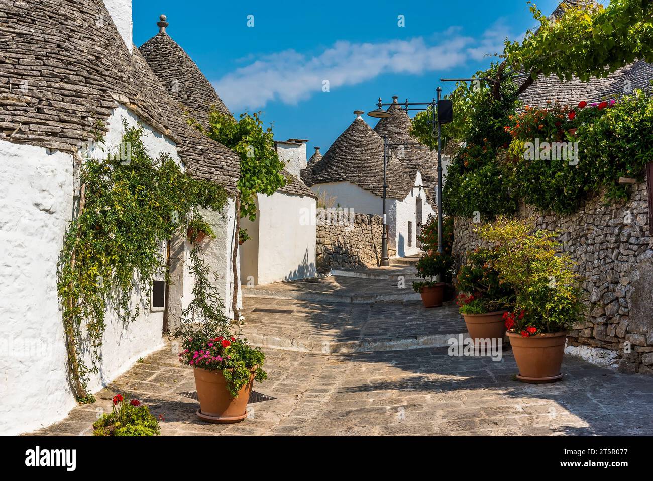 A tranquil, picturesque street of traditional Trulli buildings in ...