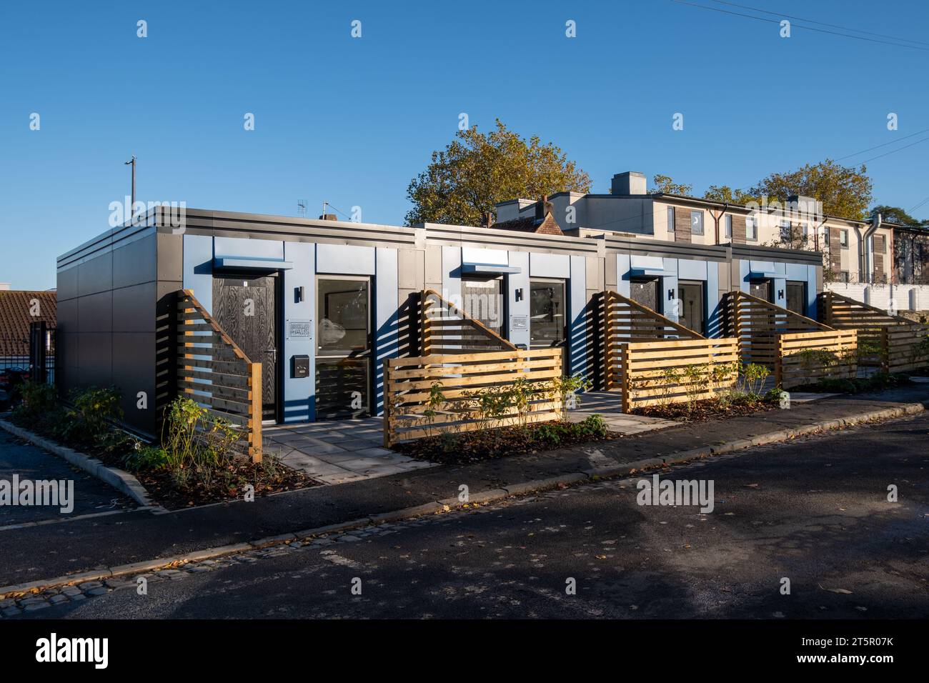 Eight temporary accommodation pods for homeless people, Redfield Bristol, UK Stock Photo - Alamy
