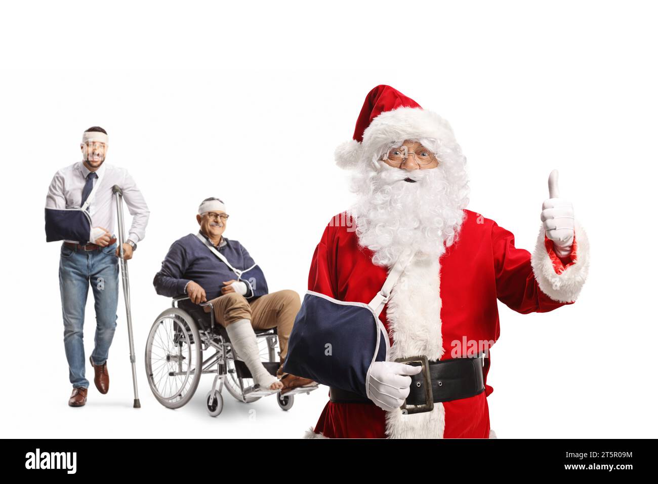 Santa claus with arm injury gesturing thumbs up in front of injured men ...