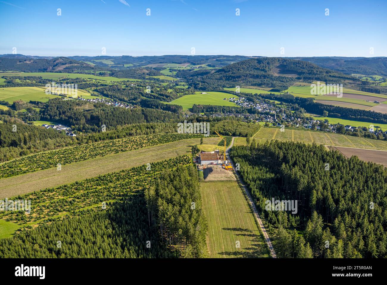 Aerial view, construction site of a hut on Robecker Berg, view to ...