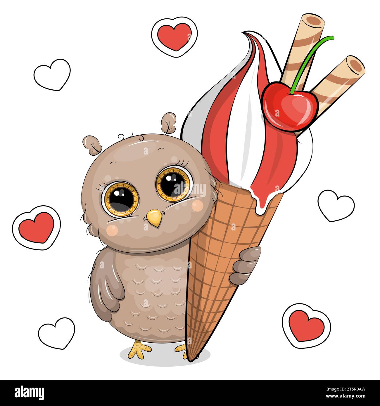 Cute cartoon owl holds a big ice cream. Summer animal vector ...