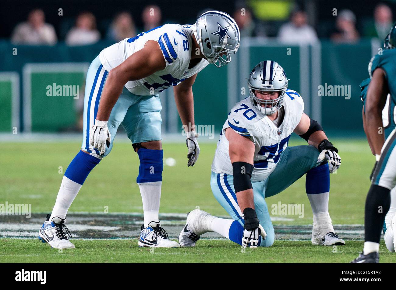 Dallas Cowboys guard Zack Martin (70) talks with tackle Terence Steele ...