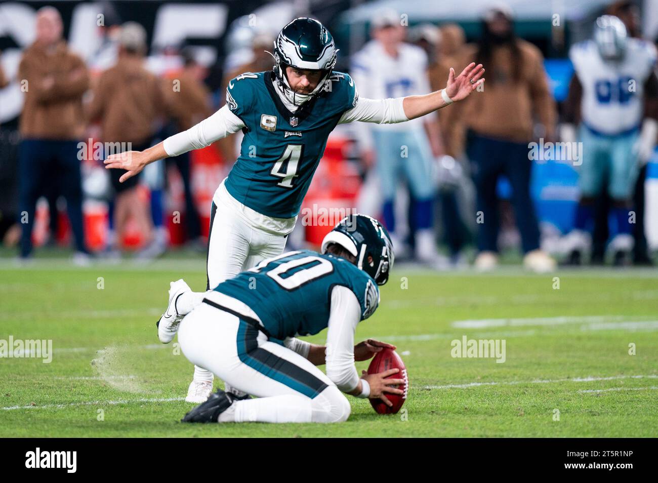 Philadelphia Eagles kicker Jake Elliott (4) in action with punter ...