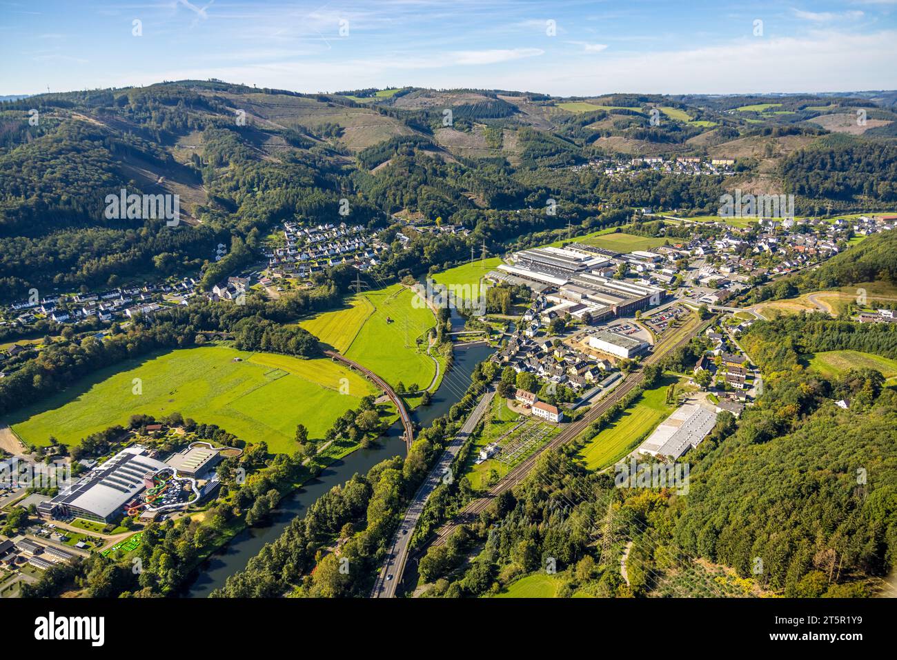 Aerial view, fish belly bridge over the river Lenne, landmark and ...