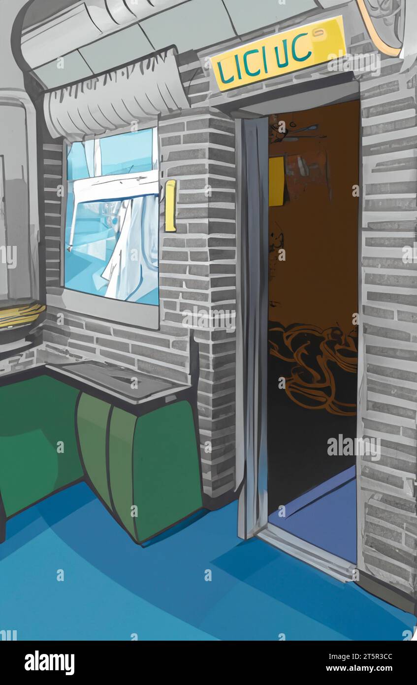 Comic strip style AI shows an open door & a window in a brick building ...