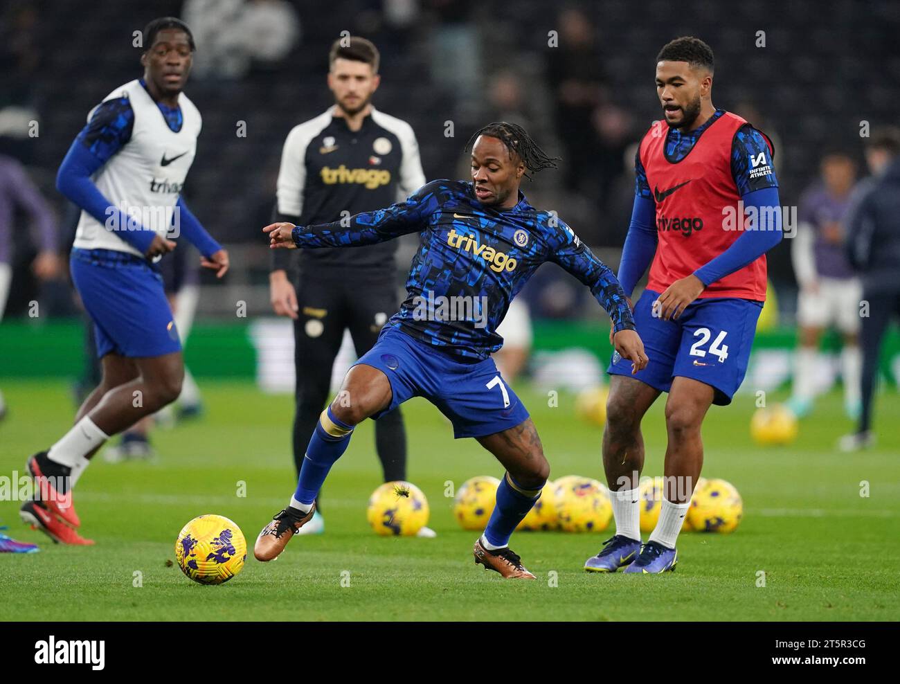 Chelsea's Raheem Sterling and Reece James warming up before the Premier ...