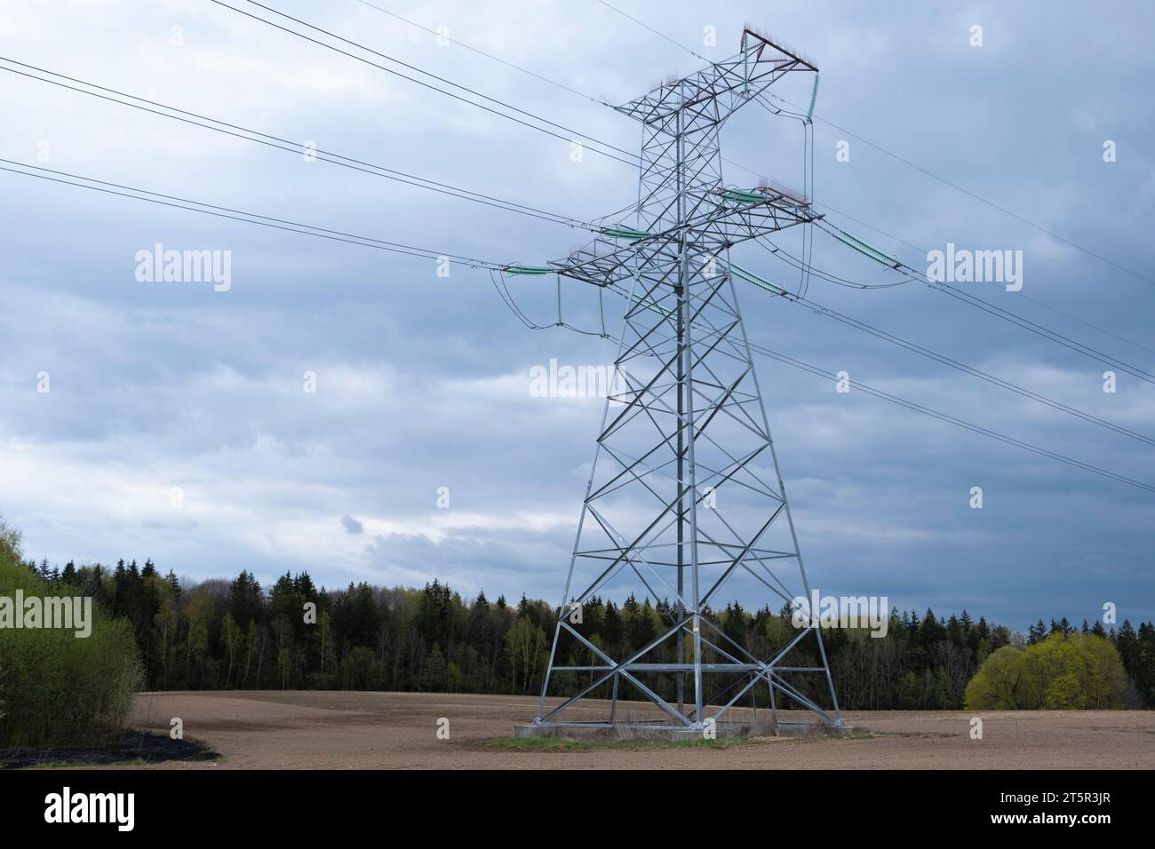 Electric power masts and cables, pylons. Electricity power station ...