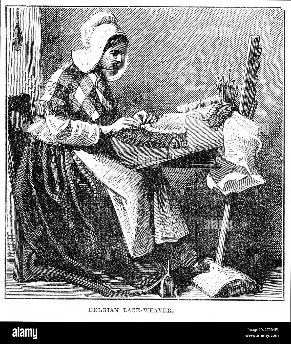 Engraved portrait of a Belgian woman weaving lace. Published circa 1887 ...