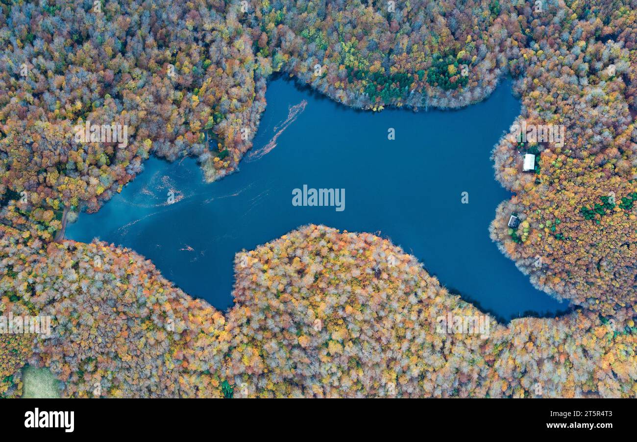Aerial view of Morske oko lake in fall, Vihorlat mountains, UNESCO ...
