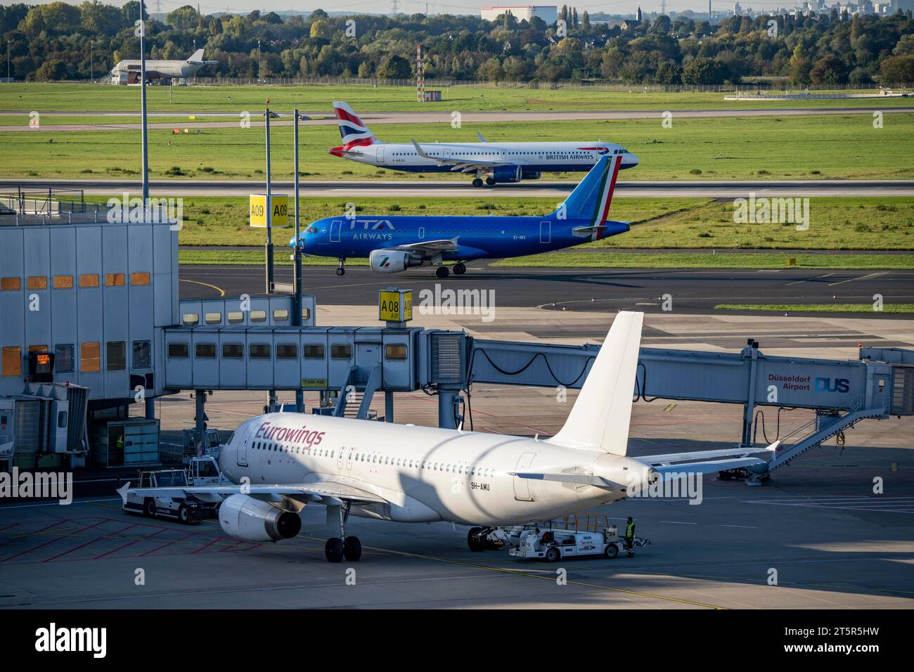 Düsseldorf Airport, British Airways aircraft landing, ITA Airbus on the ...