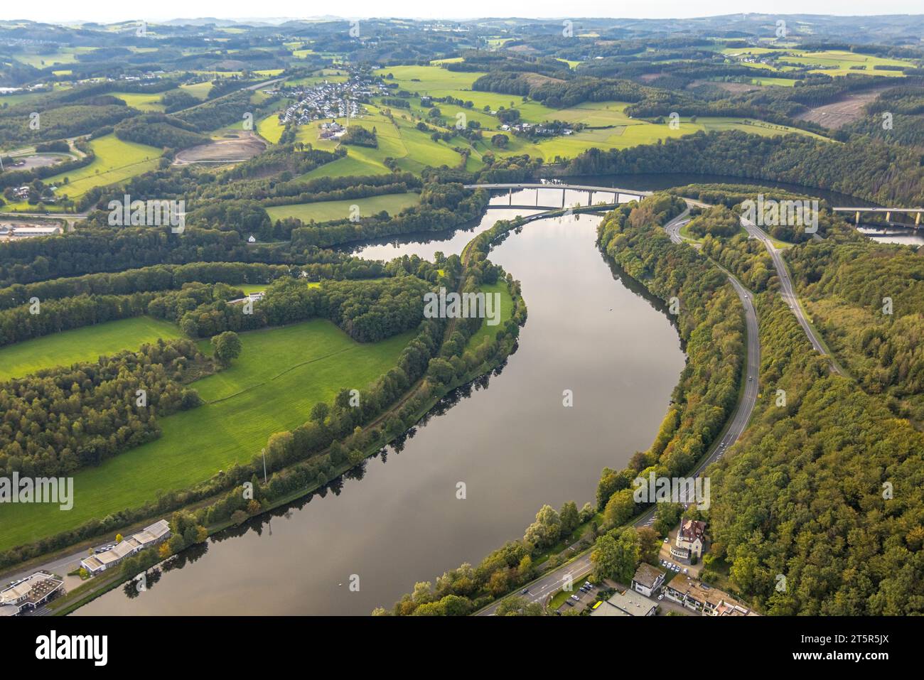 Aerial view, BiggeTalsperre Biggesee, bridge of the federal road B54 ...