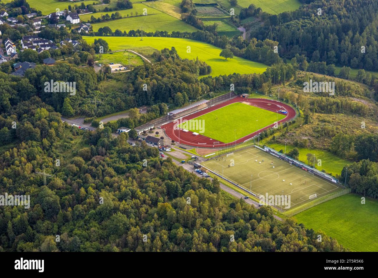 Aerial view, Kreuzbergstadion, Olpe town, Olpe, Sauerland, North Rhine ...