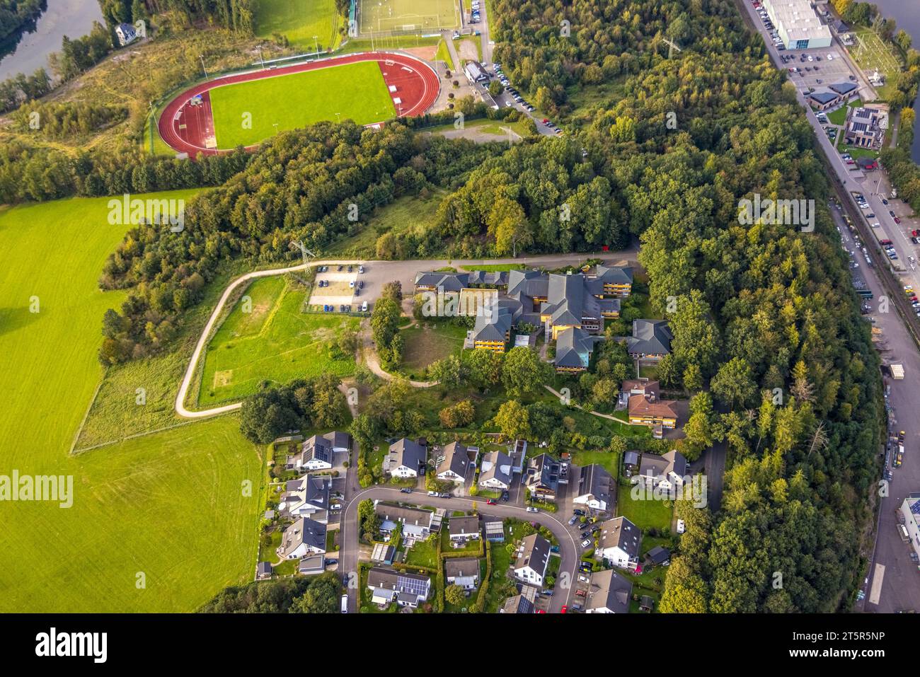Aerial view, Kreuzbergstadion, Am Finkenhagen housing estate, Olpe town ...