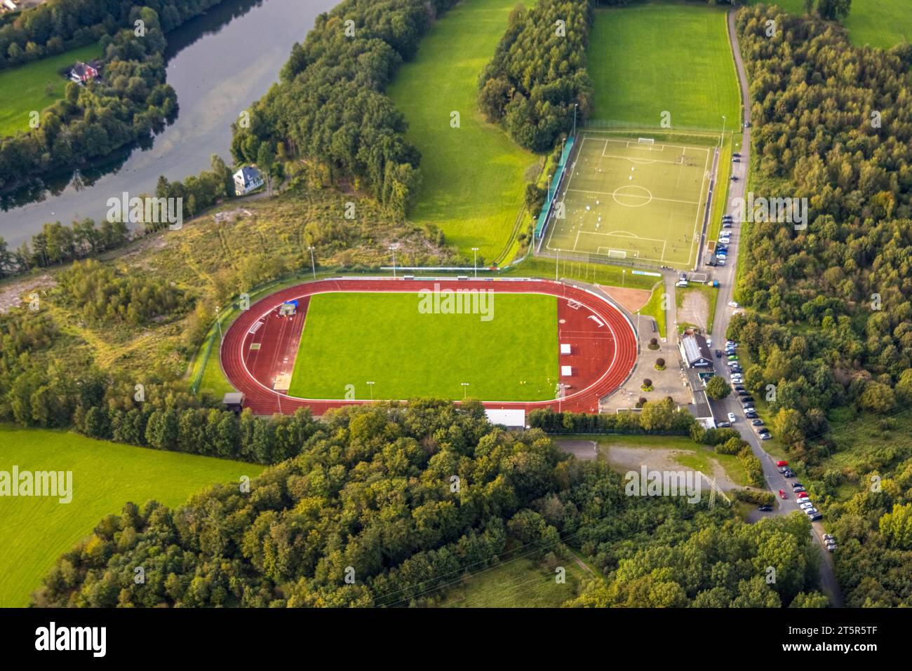 Aerial view, Kreuzberg stadium and river Bigge, Olpe town, Olpe ...