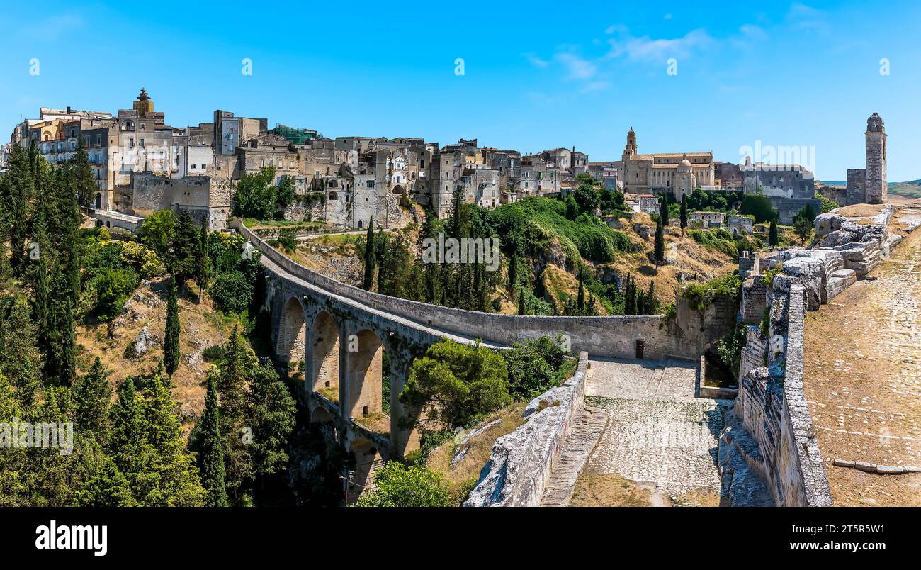 A view of Gravina in Puglia, Italy with the ancient Roman bridge ...