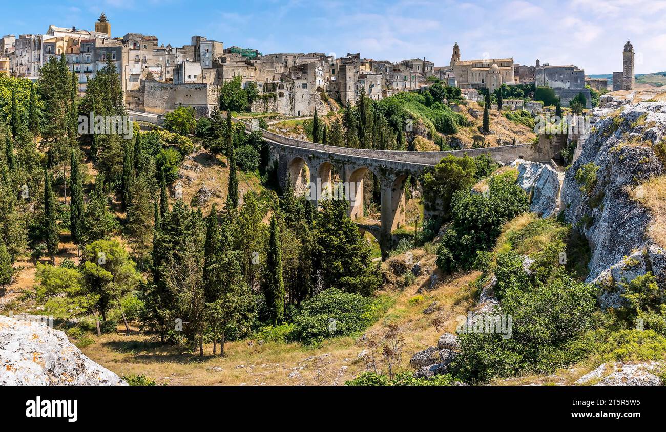 A view of Gravina in Puglia, Italy with a Roman two tier bridge and ...