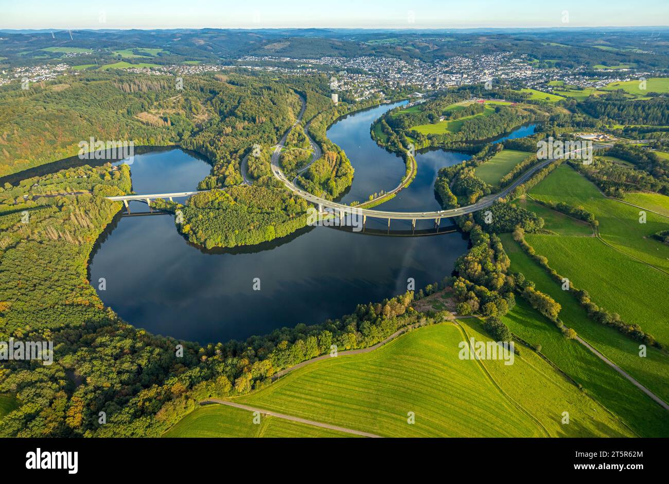 Aerial view, BiggeTalsperre Biggesee, bridge of the federal road B54 ...