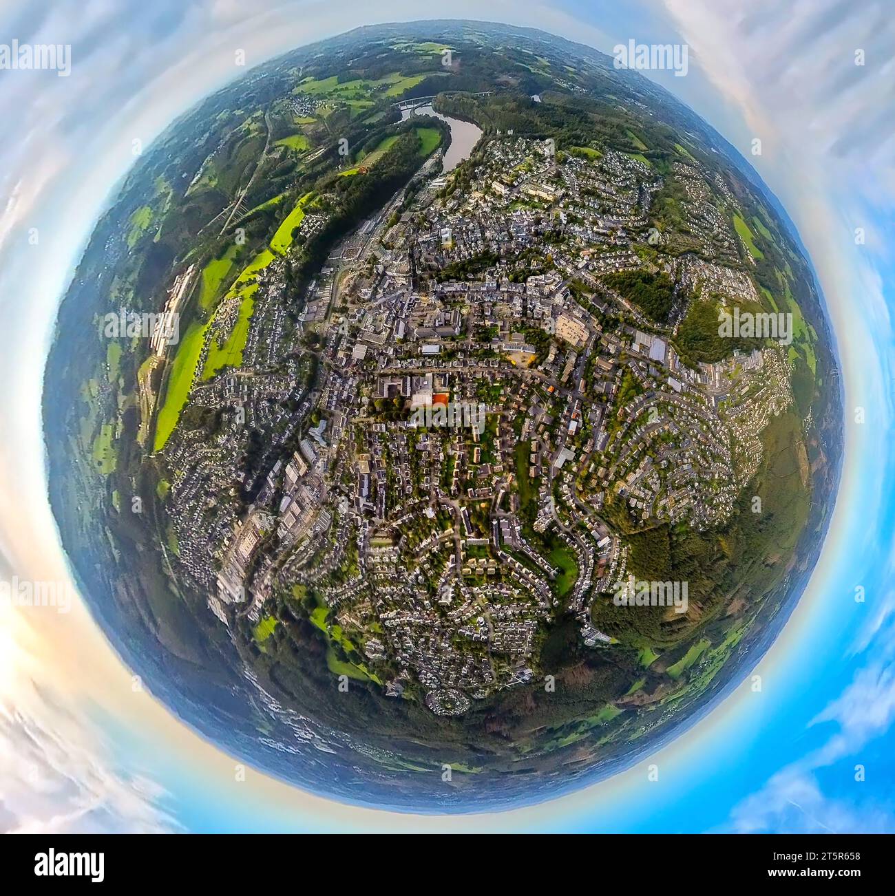 Aerial view, city center downtown view, river Bigge, earth globe ...