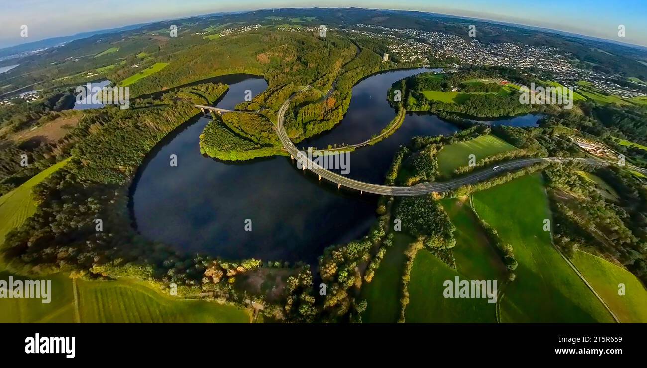 Aerial view, Biggesee with Ronnewinkel viaduct, federal highway B54 ...