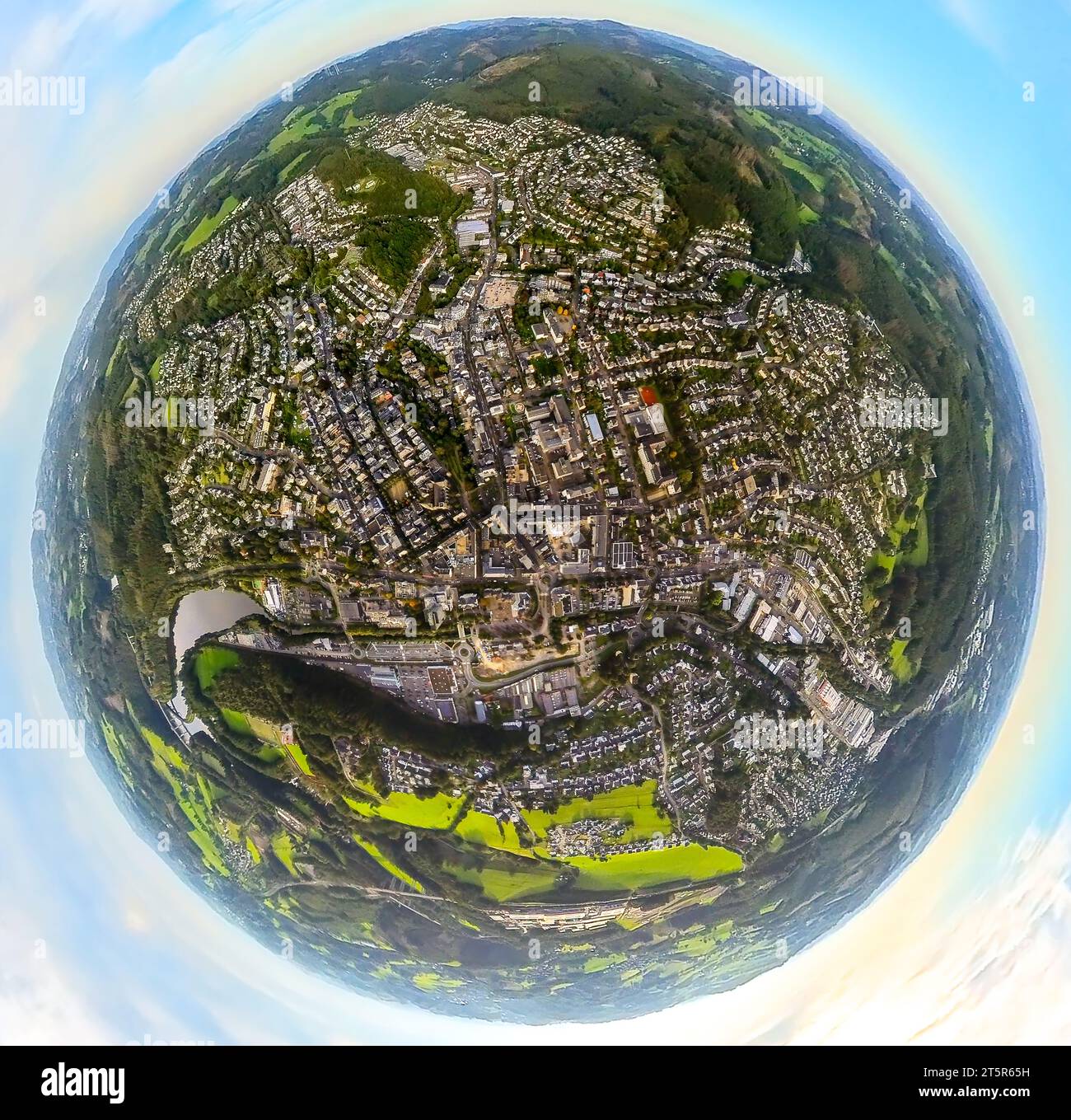 Aerial view, city center downtown view, river Bigge, earth globe ...