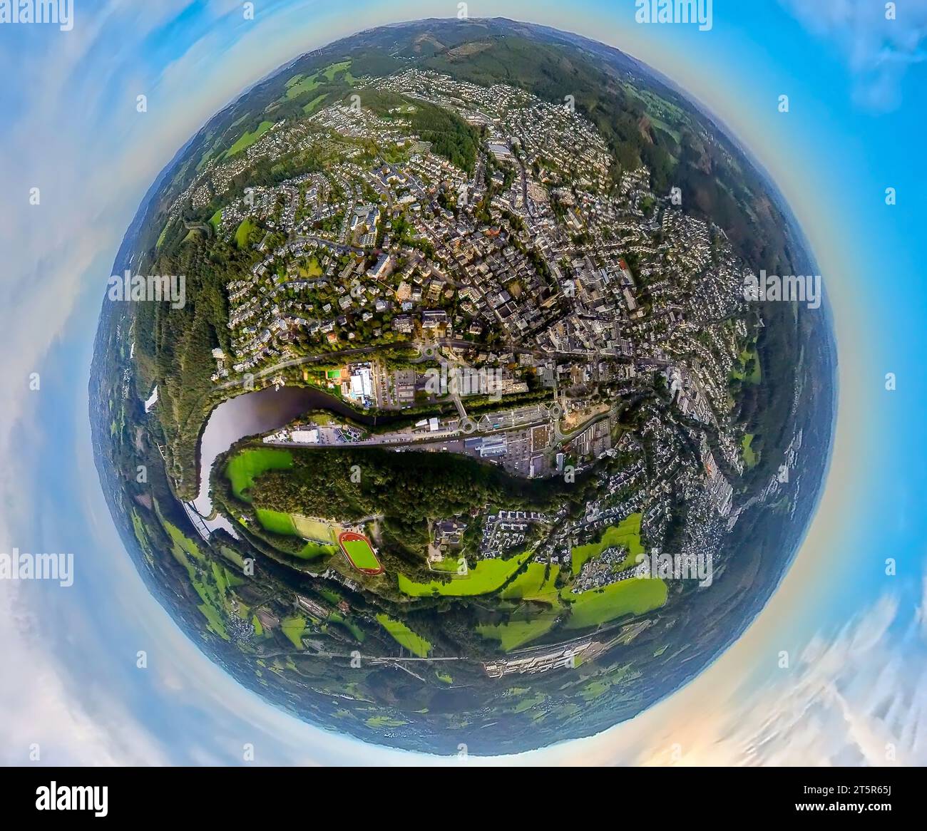 Aerial view, city center downtown view, train station and river Bigge ...
