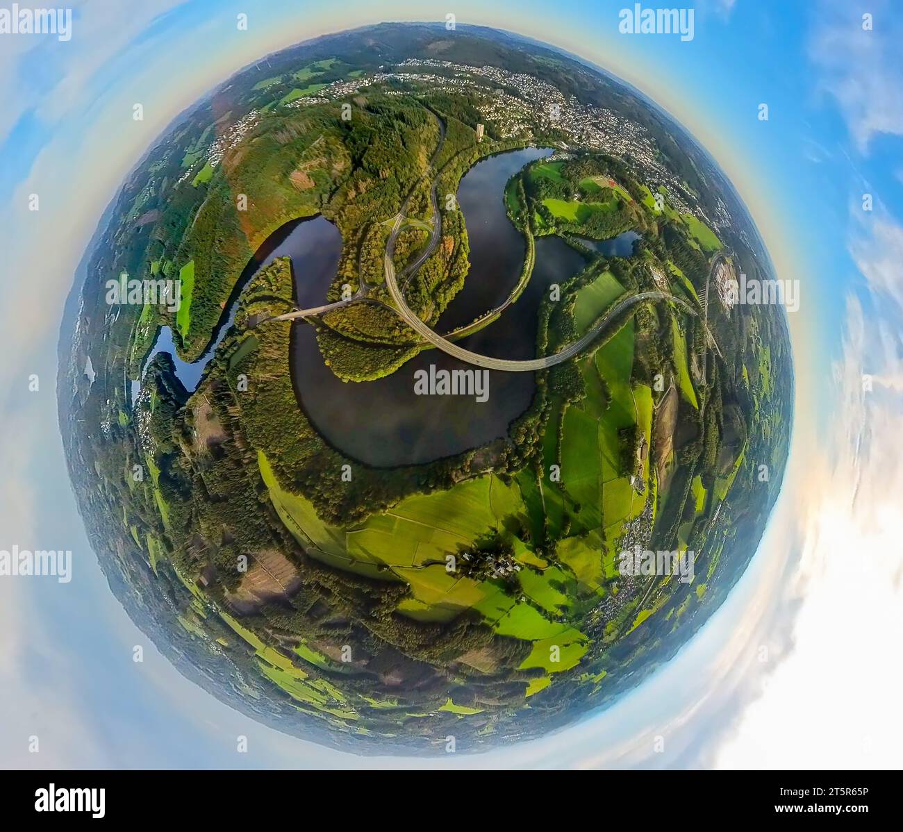 Aerial view, Biggesee with Ronnewinkel viaduct, federal road B54, globe ...