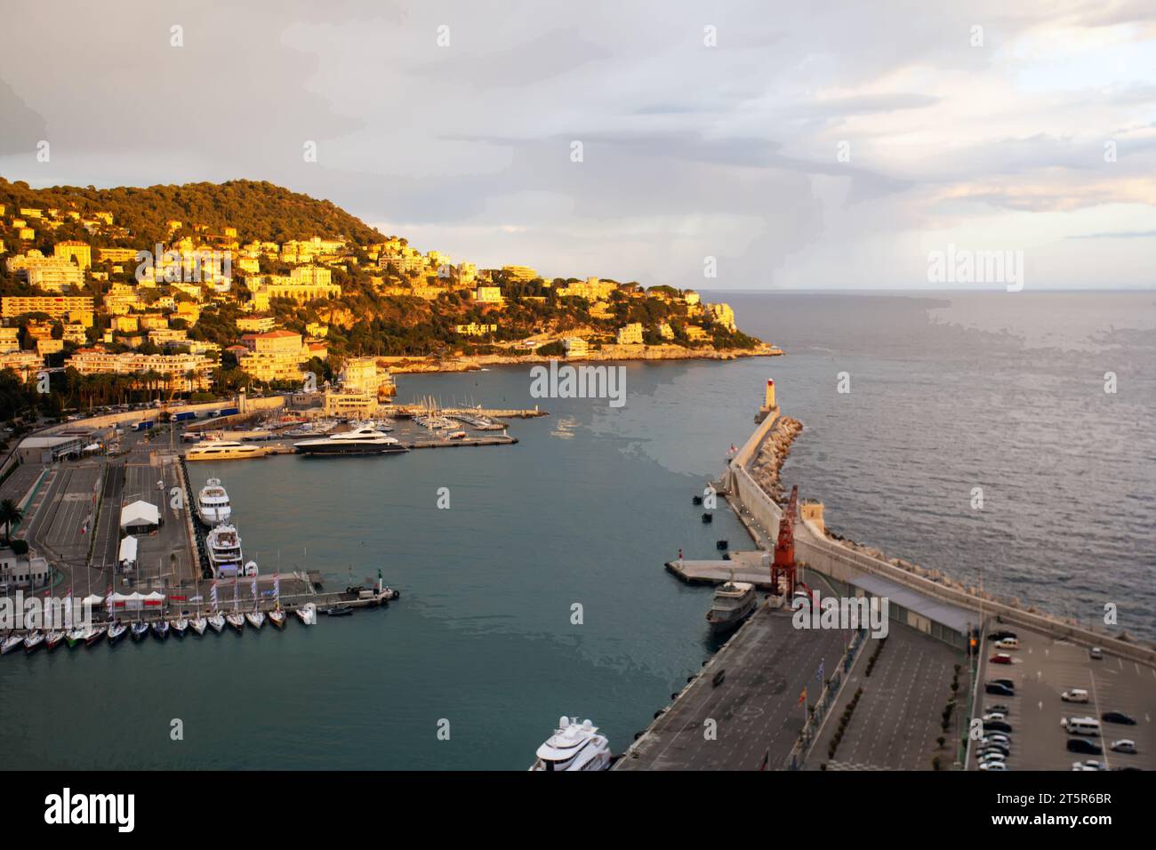 Sunset view of Nice with port Lympia (port Nice) and Mont Boron. French ...