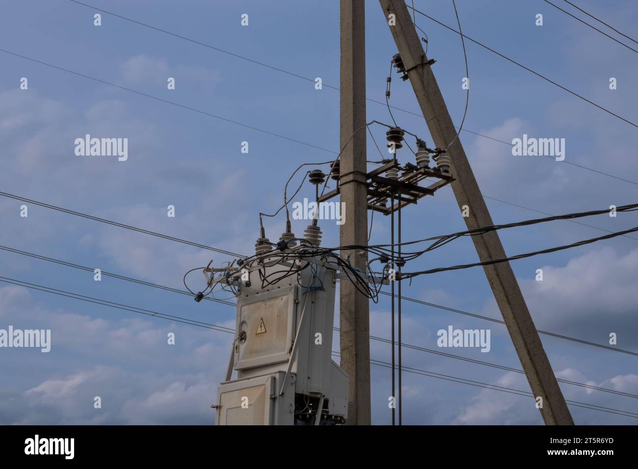 Power line poles and wires with a transformer. Distribution panel Stock ...