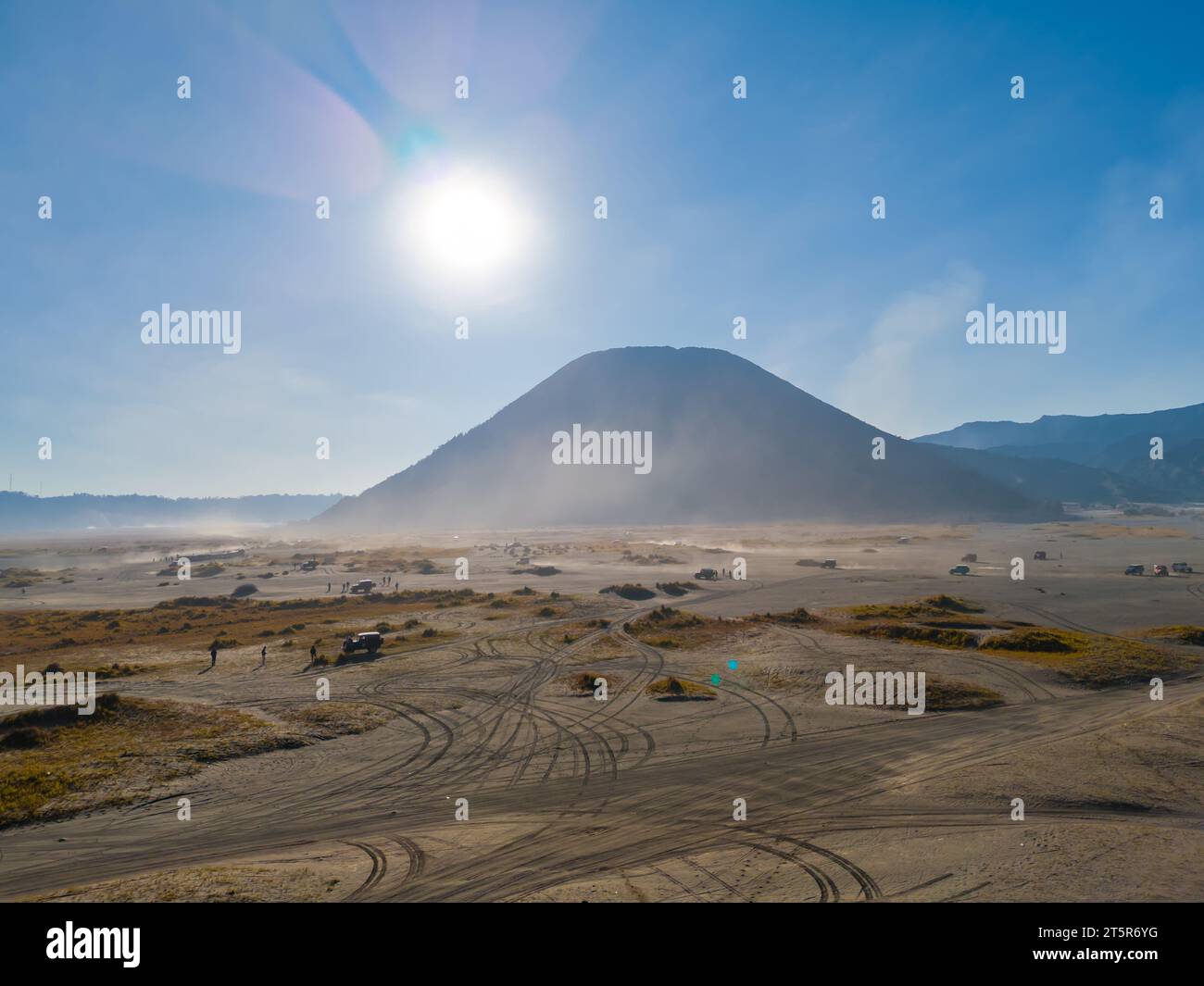 Aerial landscape view of the Bromo volcano and desert with jeep tours ...