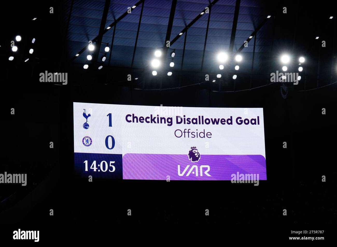 A view of the big screen showing the VAR decision of offside during the ...