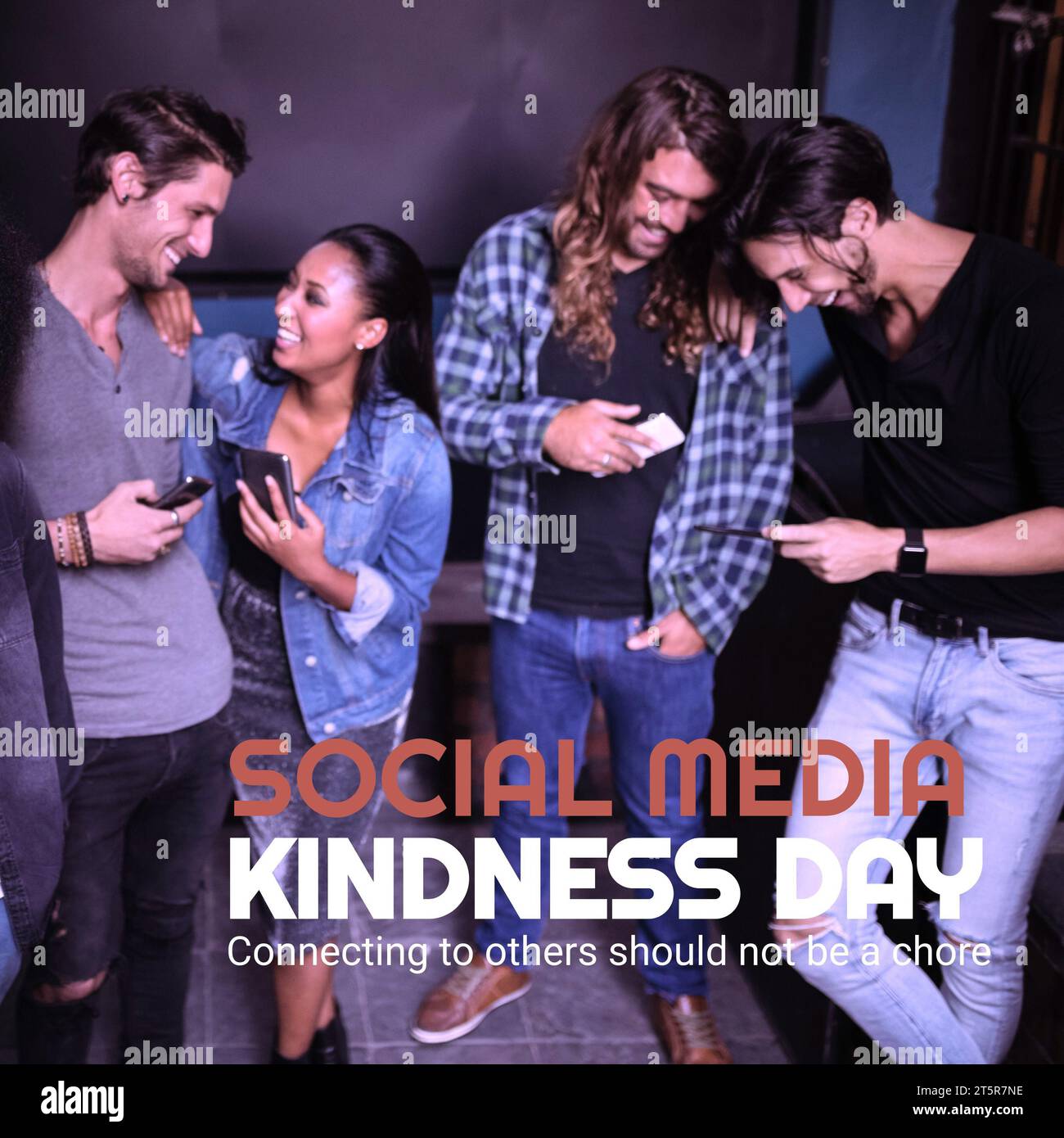 Composite of social media kindness day text over diverse friends with ...