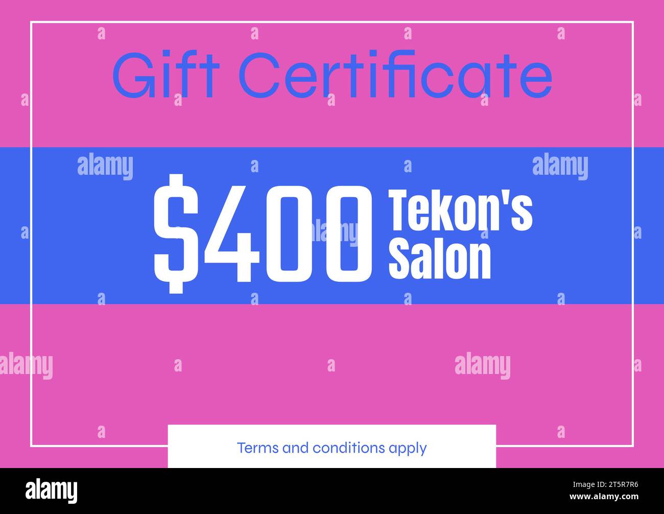 Illustration of gift certificate, 400 dollar tekon's salon text on pink ...