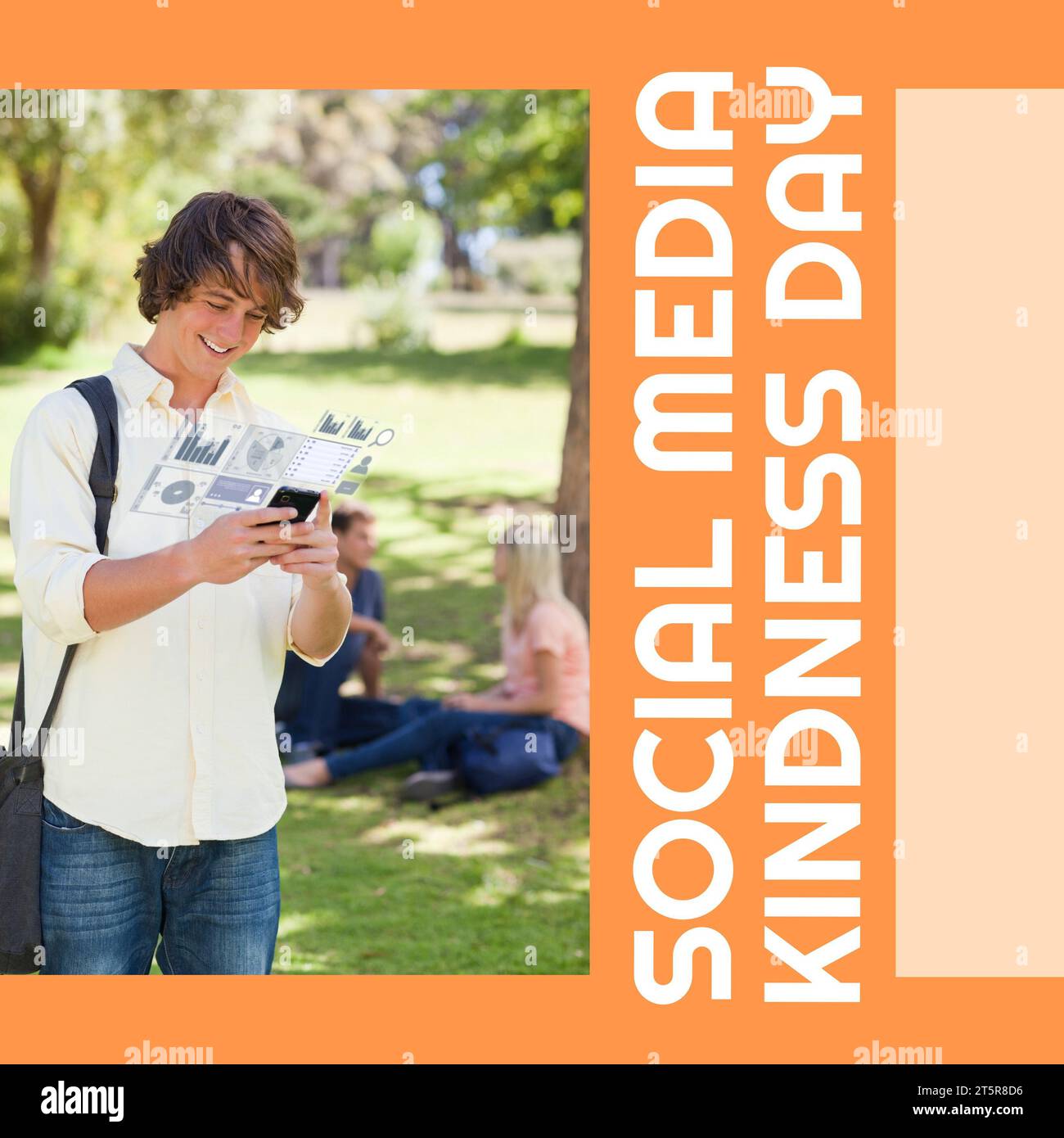 Social media kindness day text and caucasian male student using phone ...