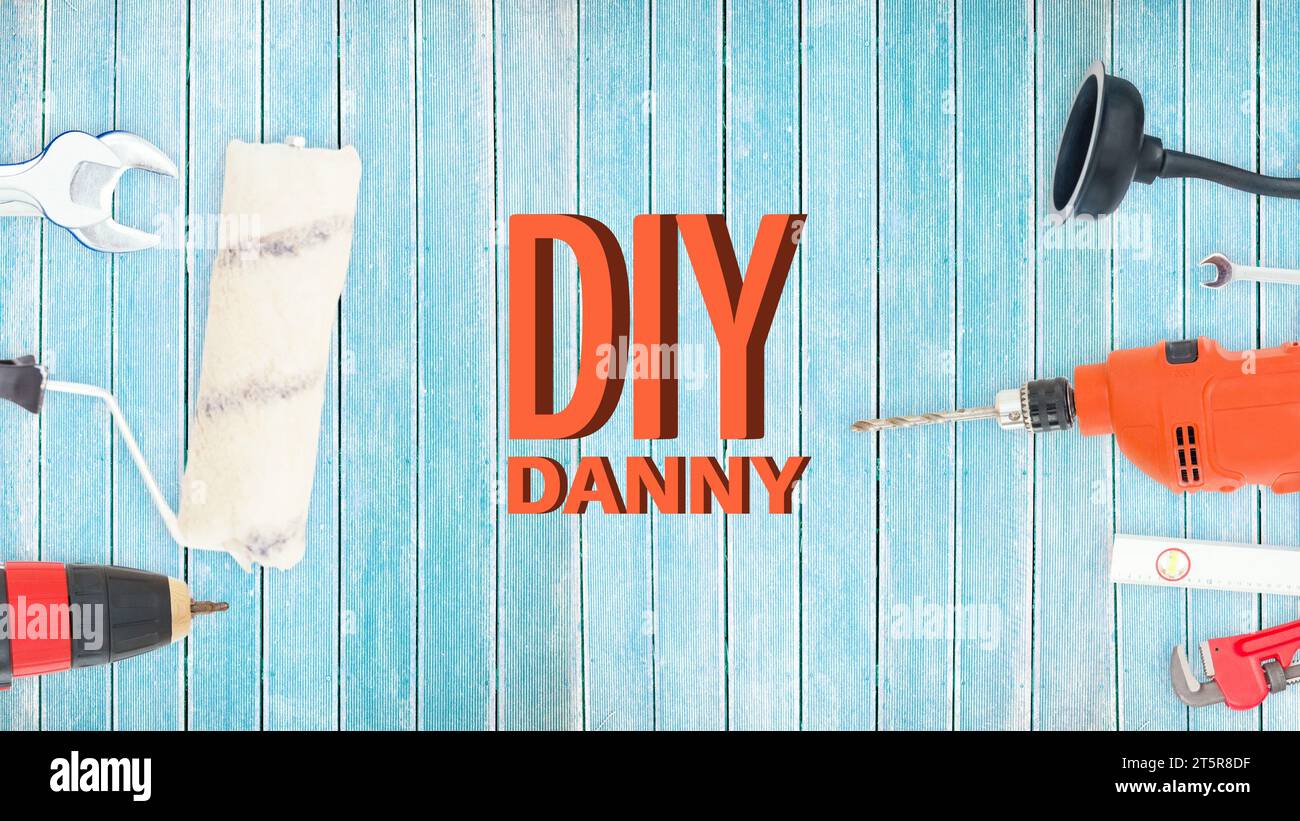 Illustration of diy danny text with various work tools on blue table ...