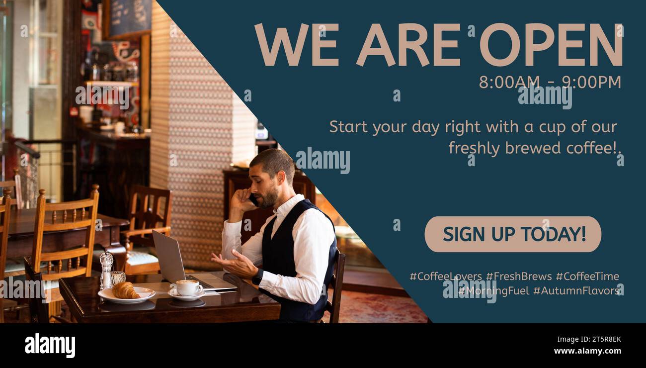 We are open, 8am to 9pm, sign up today text over caucasian man talking ...