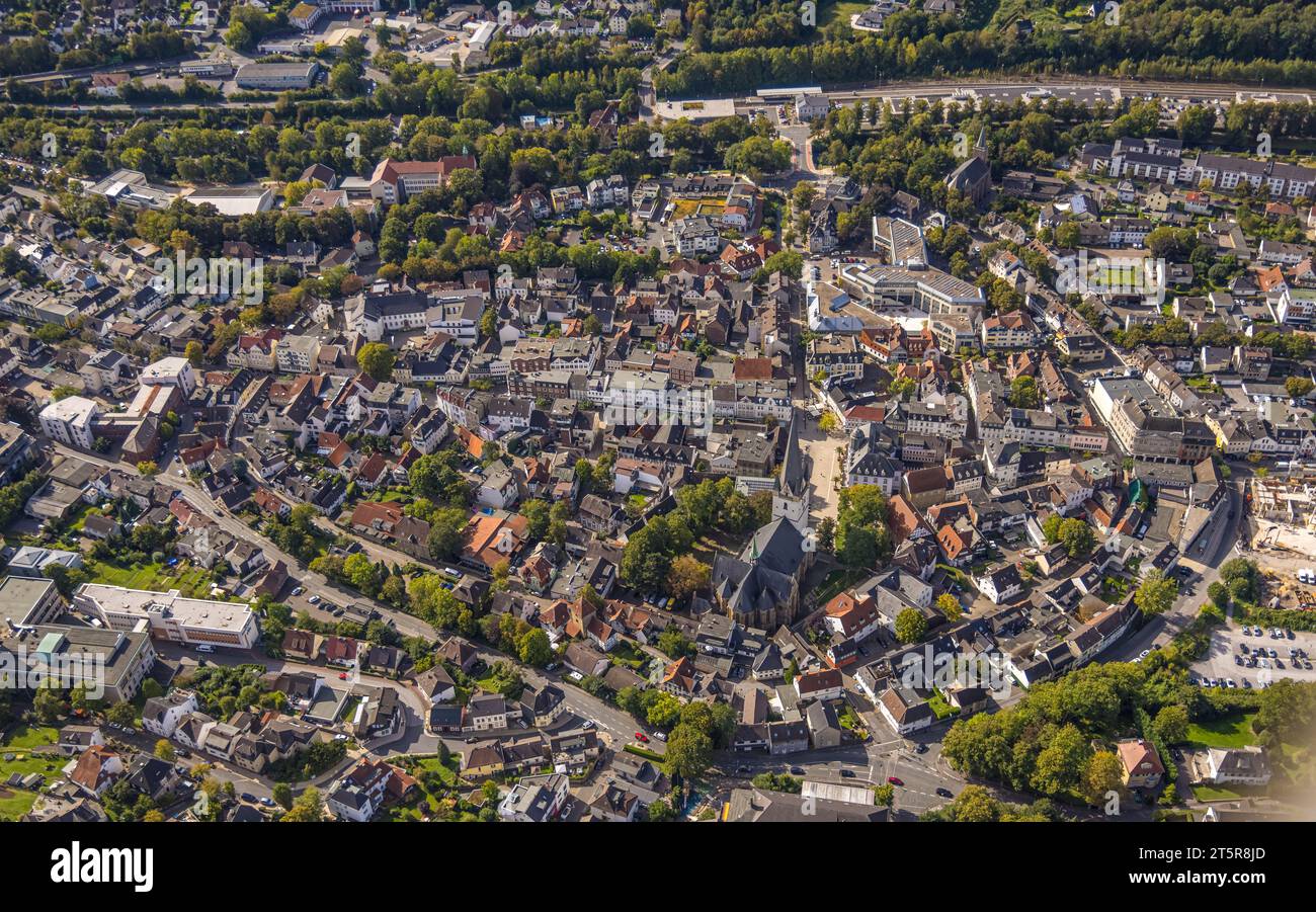 Aerial view, town center with town hall and St. Vincenz Catholic Church ...