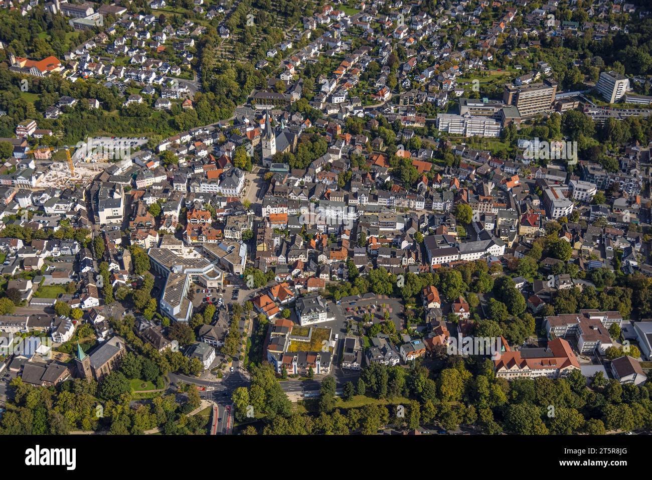 Aerial view, town center with town hall, St. Vincenz Catholic Church ...
