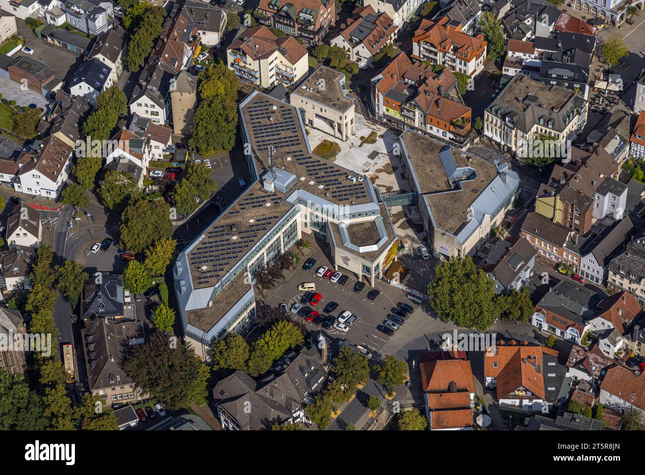 Aerial view, town center with town hall, Menden, Sauerland, North Rhine ...