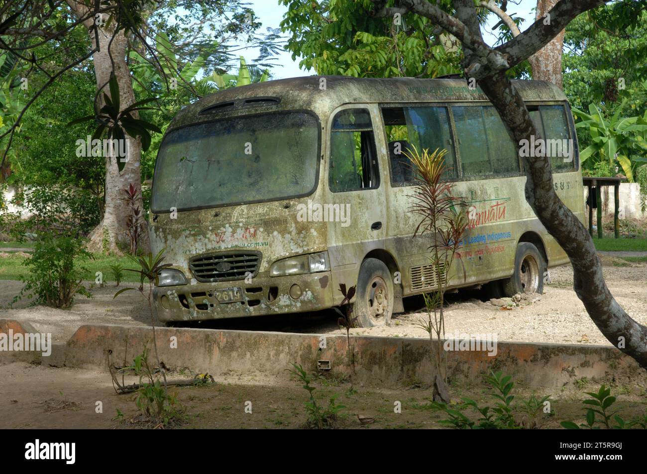 Mouldy abandoned bus, Evergreen Cascades Waterfall, Mele Maat, Vanuatu ...