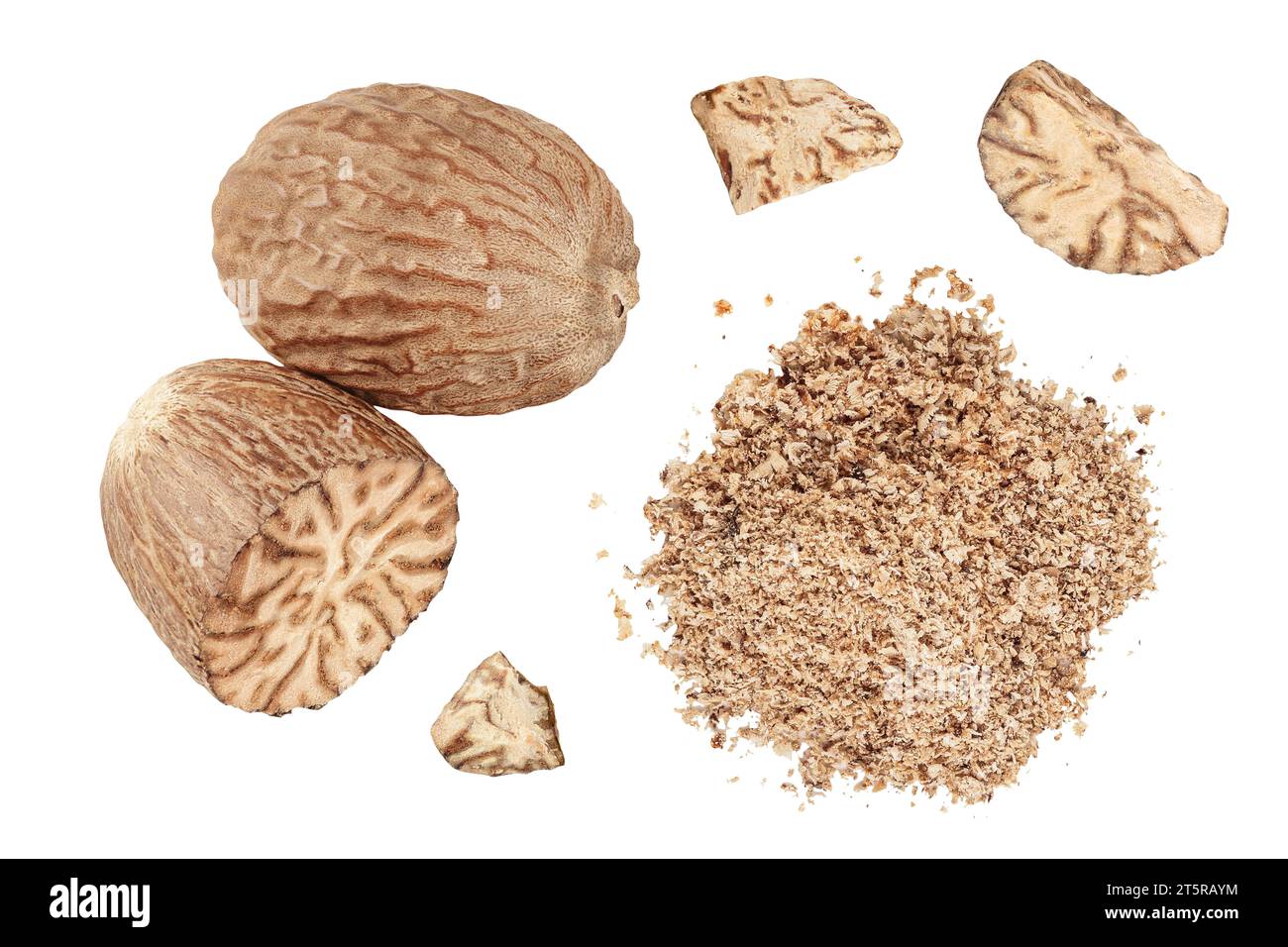 Whole and grated nutmeg isolated on white background with full depth of ...