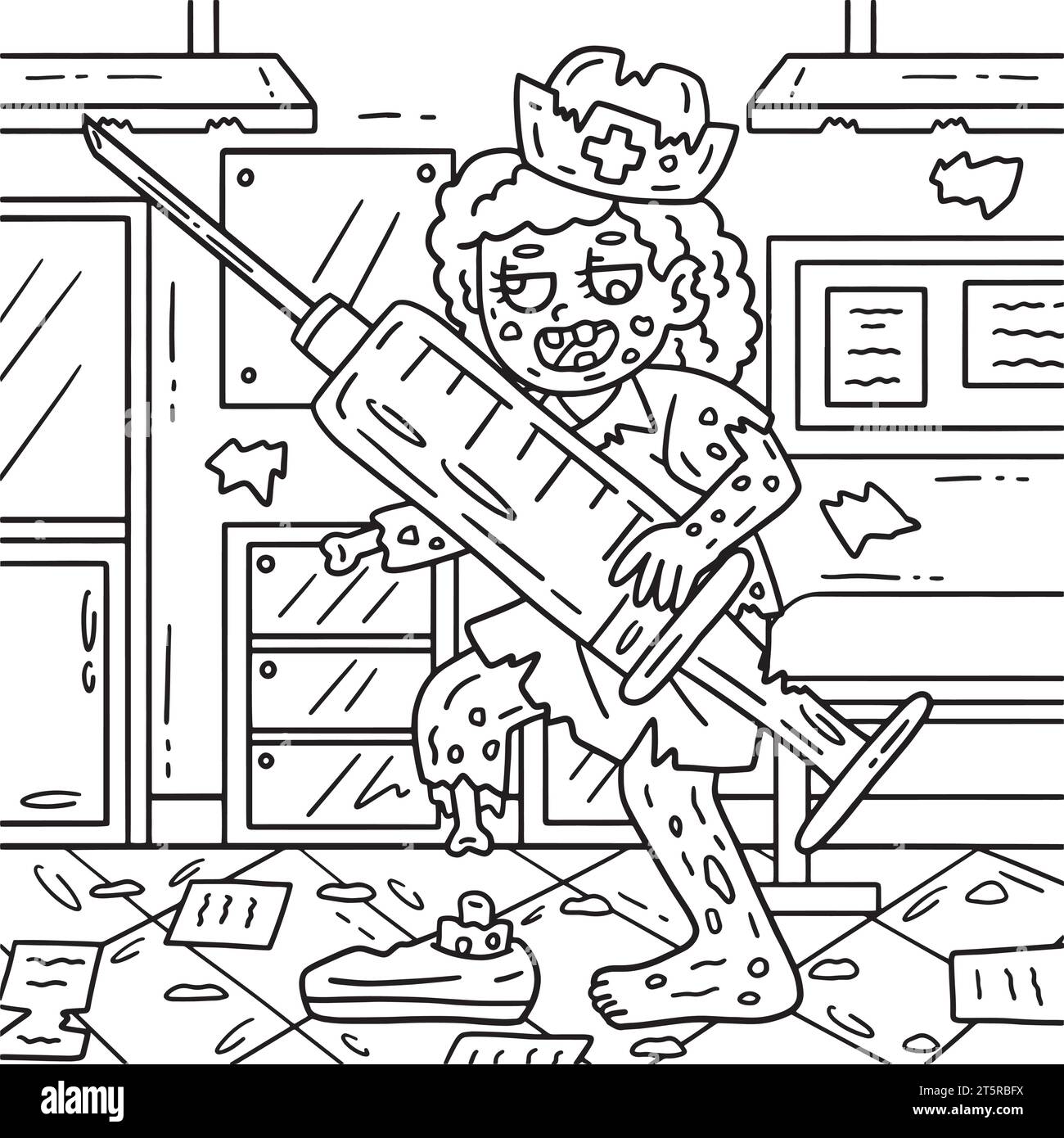Zombie Nurse with Syringe Coloring Pages for Kids Stock Vector Image ...