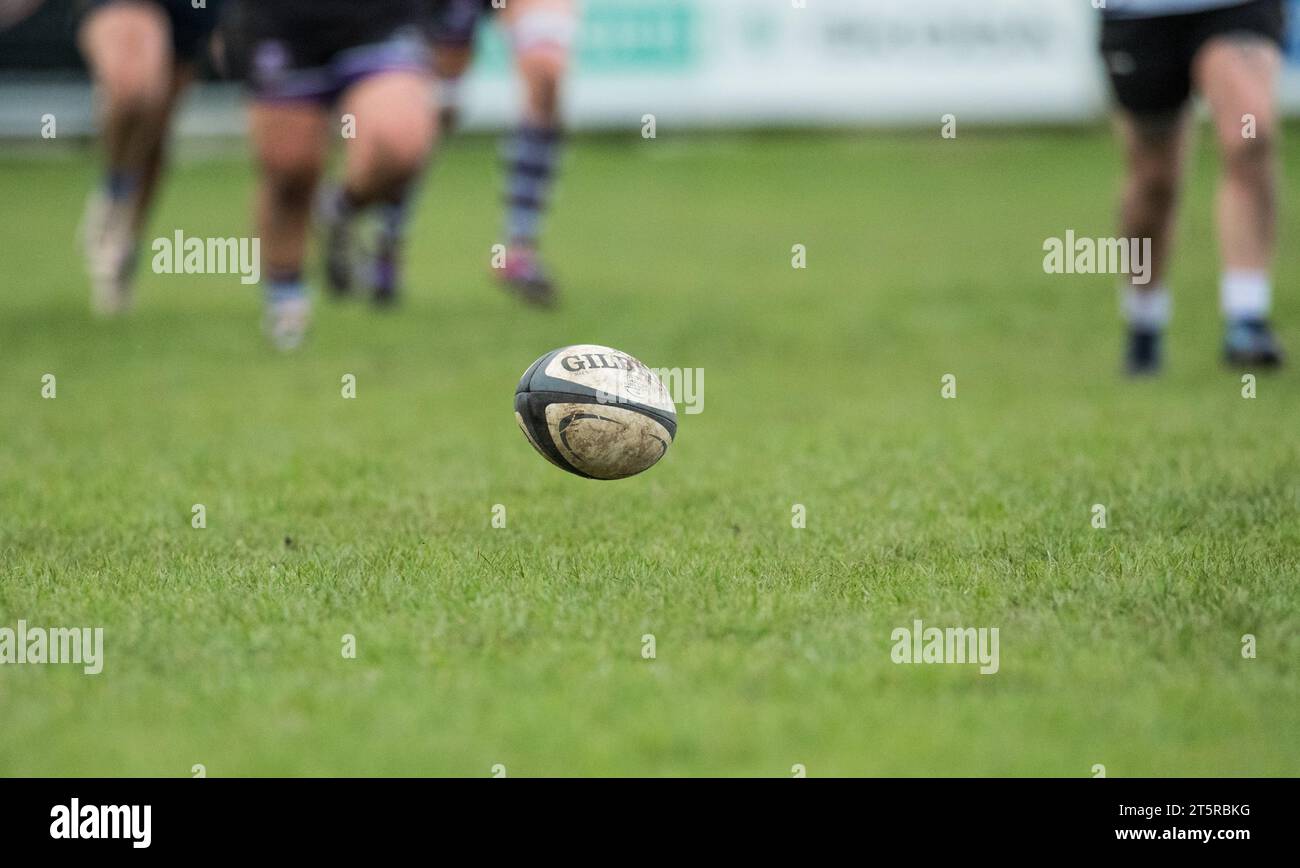 Gilbert rugby union football on the field of play and in flight Stock ...