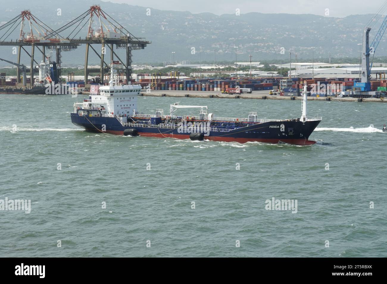 Small oil chemical tanker PANDA PG with blue hull, white superstructure ...