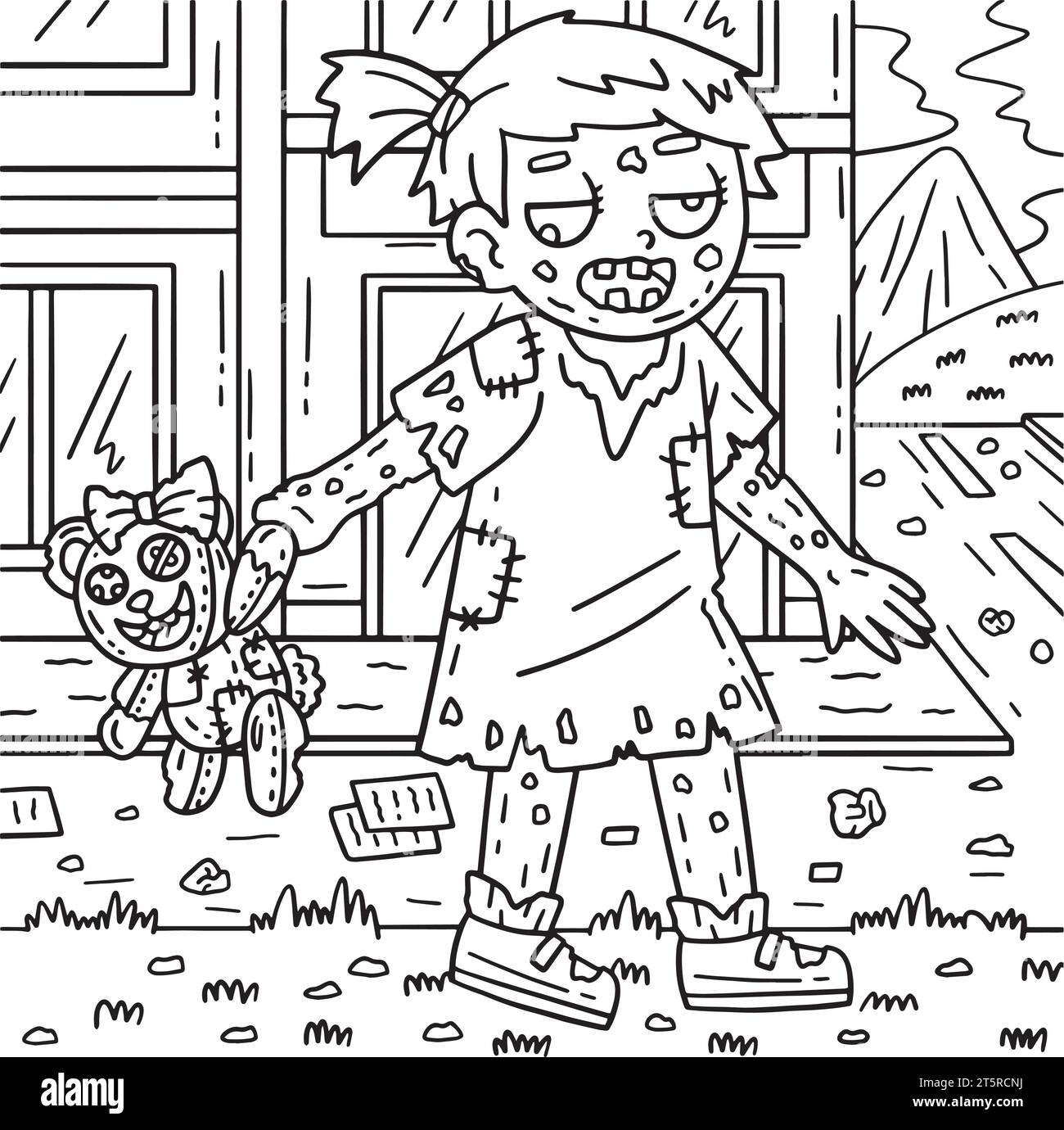 Zombie Girl with Plushie Coloring Pages for Kids Stock Vector Image ...