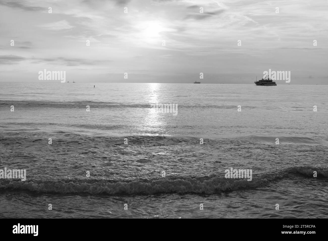 Sunset Sky In Summer Vacation Cloudscape With Ship On Horizon Stock