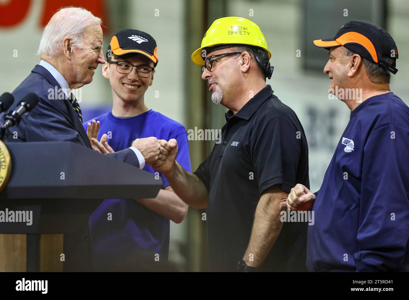 United States President Joe Biden greets Sterling Rapposelli, Amtrak ...