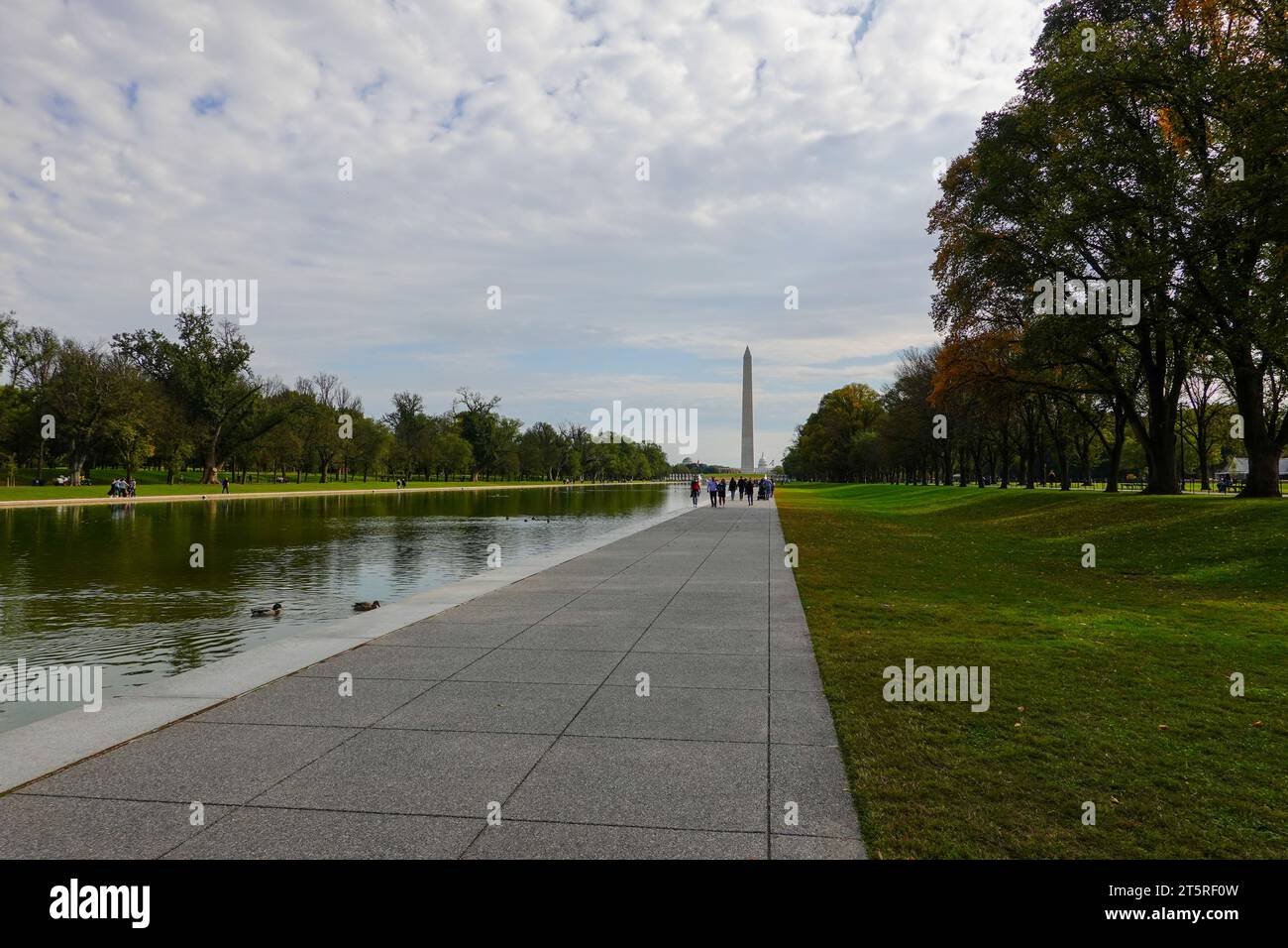 People walking past the reflecting pool on the National Mall with the ...